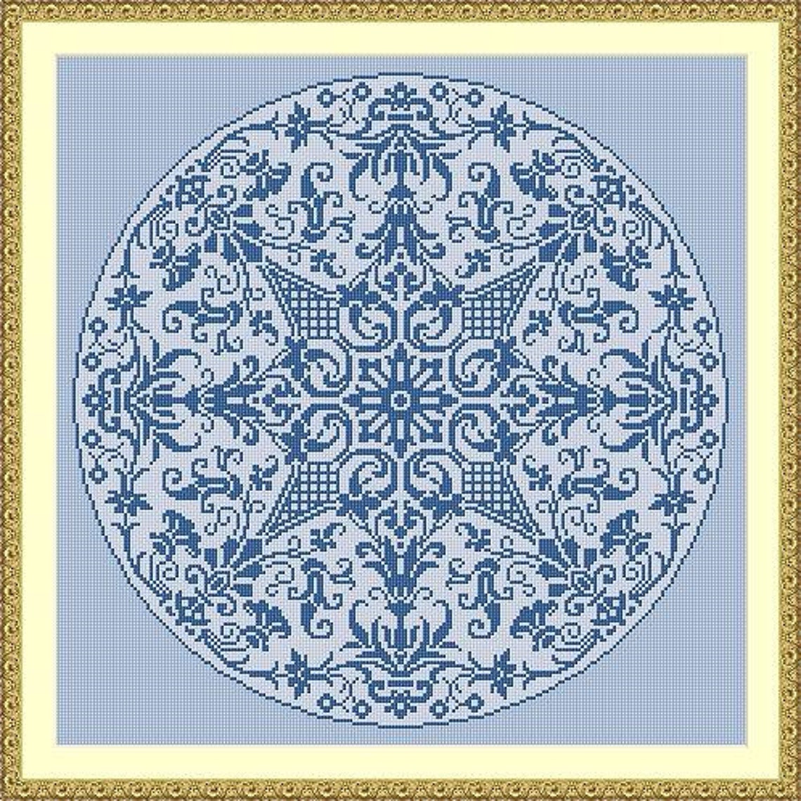 Vintage Pillow Design Blue Round Decor Motif Monochrome Cross Stitch ...