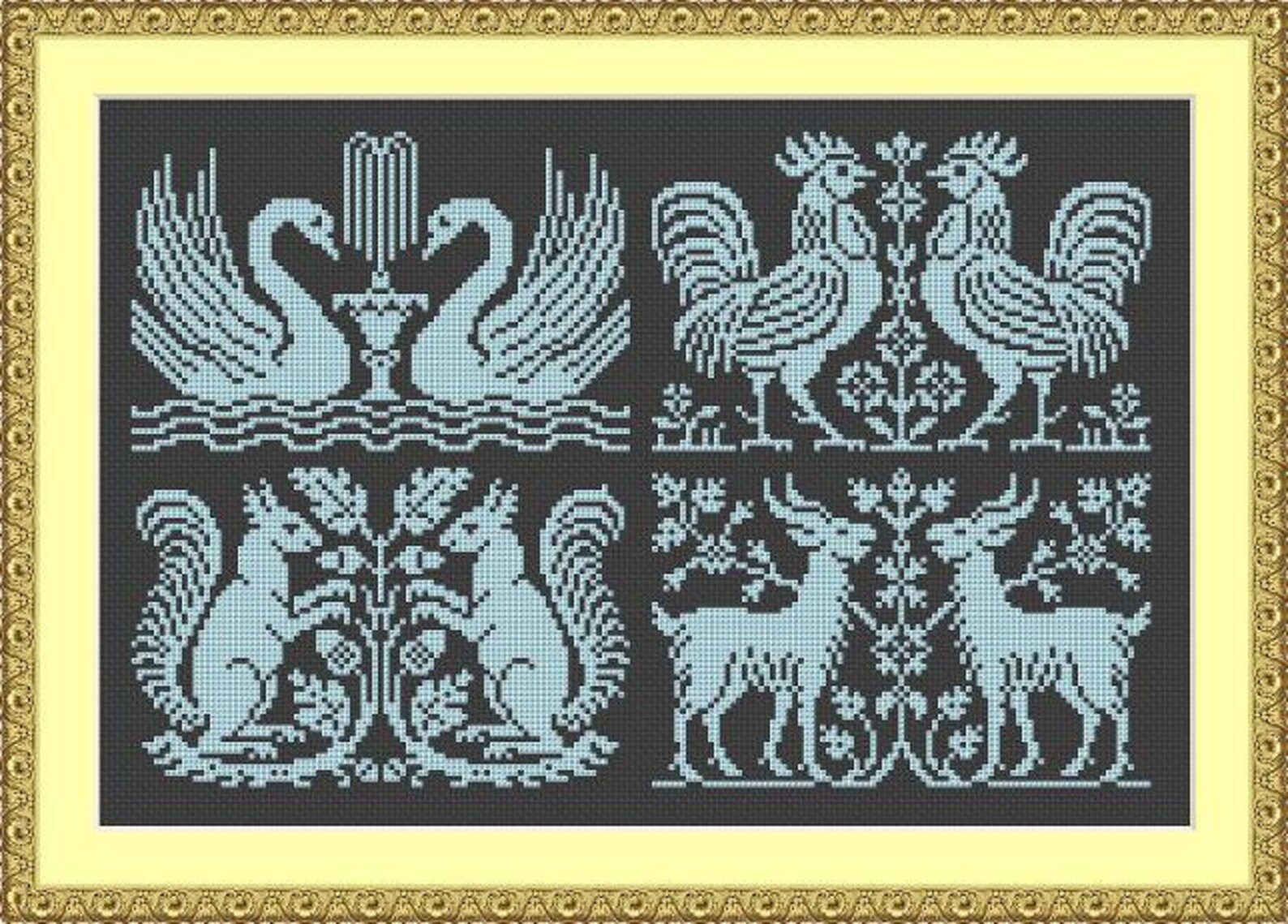 Birds and Animals Monochrome Sampler Swans Roosters Squirrels - Etsy