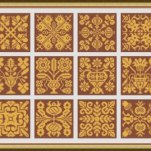 Antique Sampler Square Mini Tiles Set 3 Monochrome Counted Cross Stitch ...