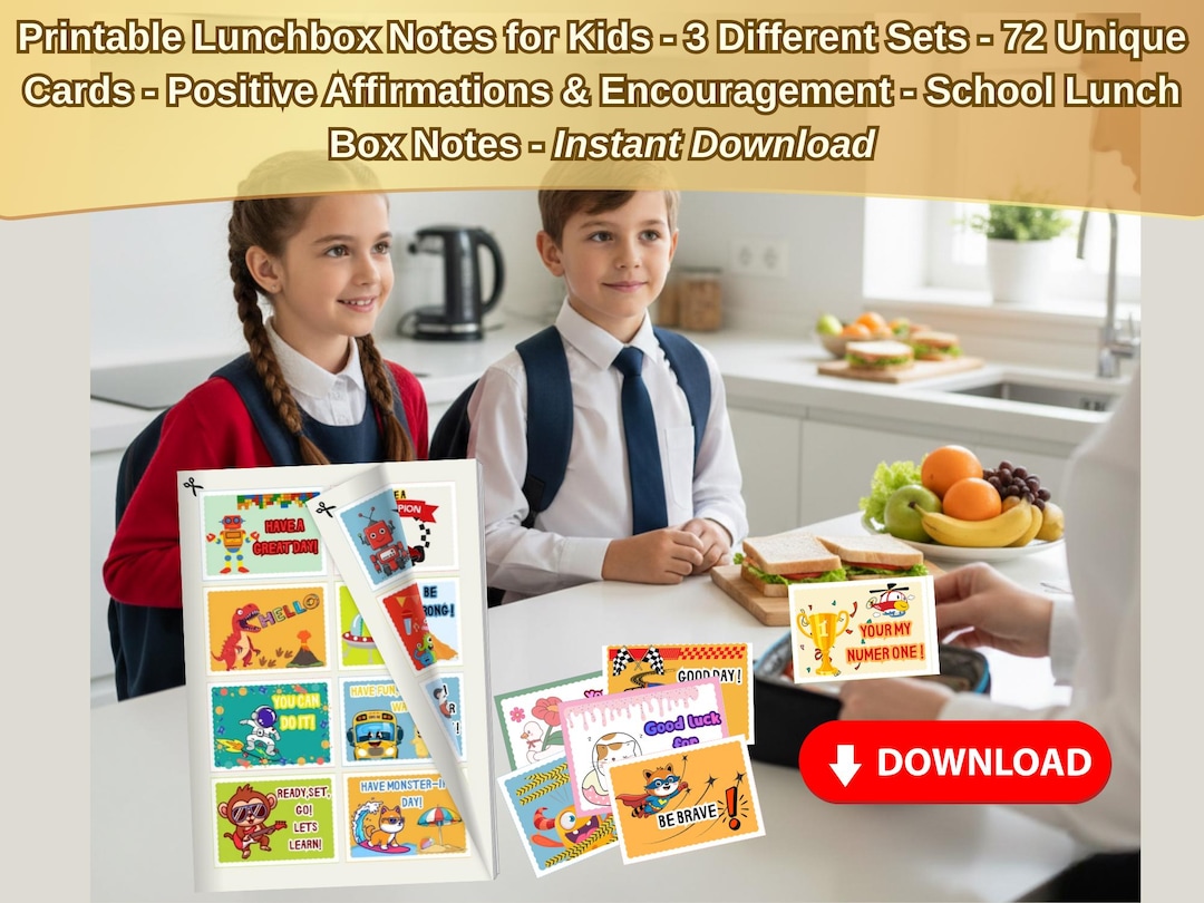 Lunchbox Notes for Kids, 72 Printable Lunch Box Cards, Positive ...