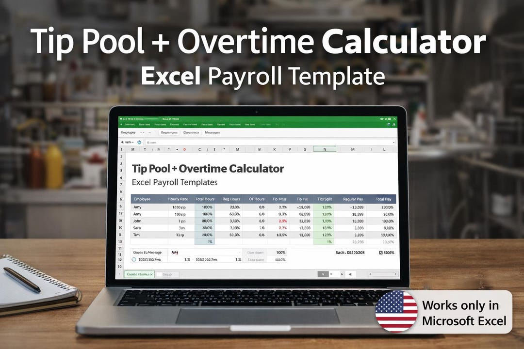 Tip Pool & Overtime Payroll Calculator Excel | Automatic 40h OT Split | Restaurant Payroll Tool ...