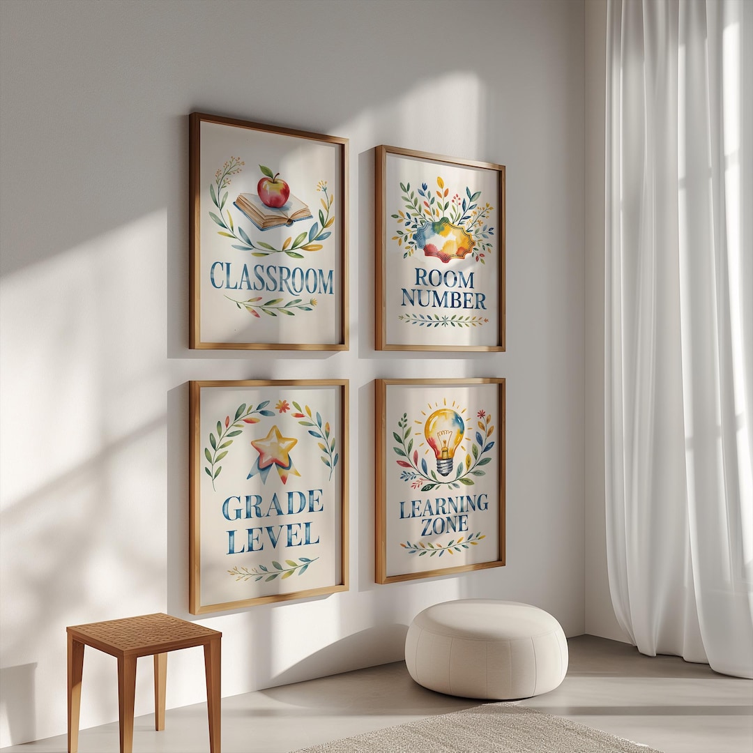 Classroom Room Number Grade Level Sign Set of 4, Watercolor Typography ...