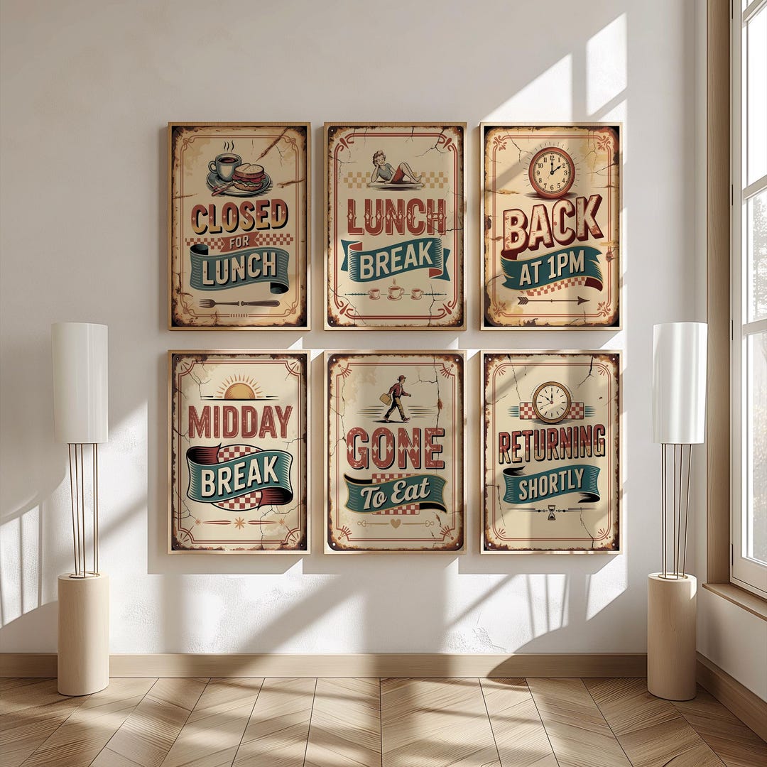 Closed for Lunch Sign Set of 6 Vintage Retro Typography Prints Lunch ...