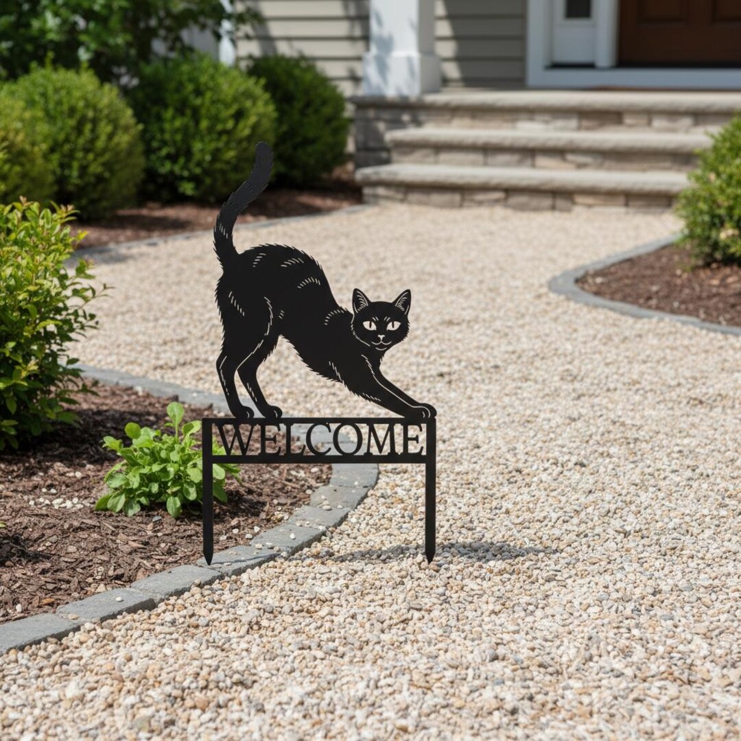 Fluffy Cat Welcome Garden Stake – Elegant Long-haired Feline Metal Yard ...