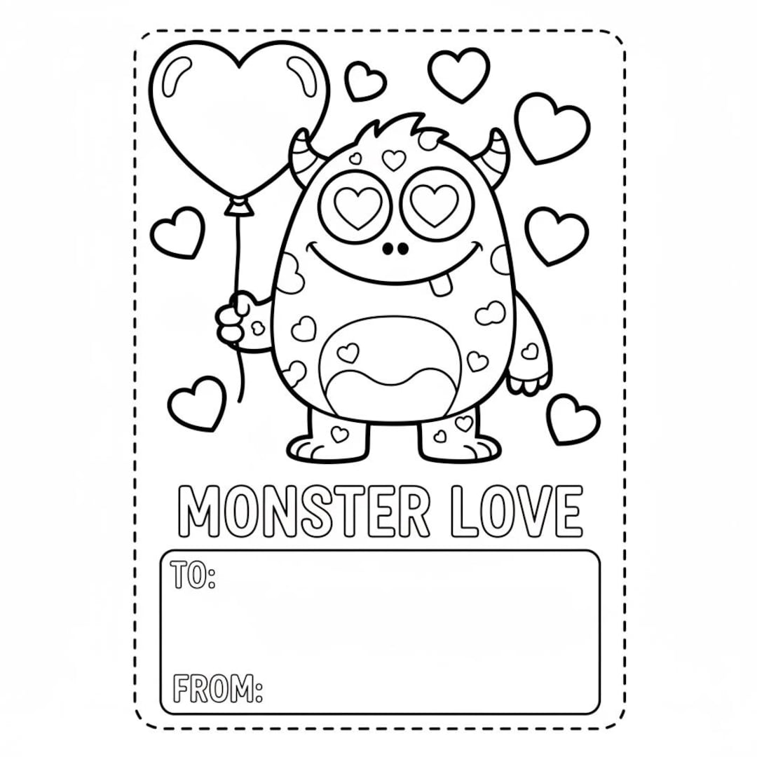 Monster Valentine Card Coloring Page | Kids Color Your Own Valentine ...