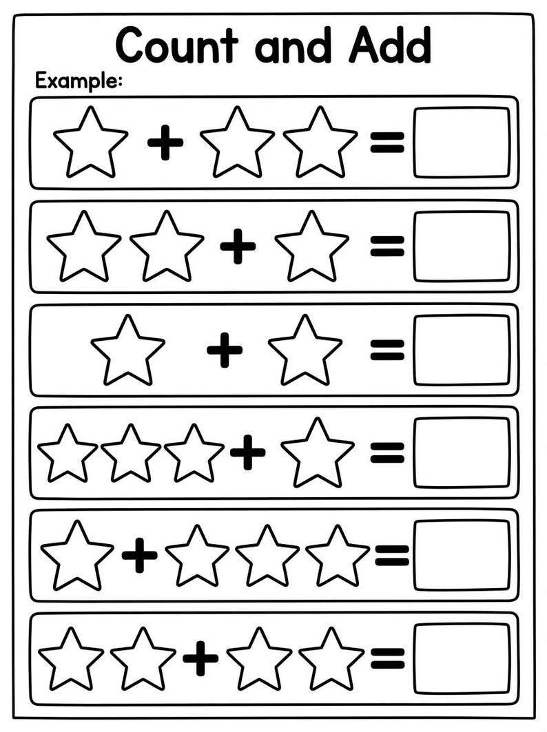 Stars Addition Worksheet Printable | Preschool Math | Kindergarten ...