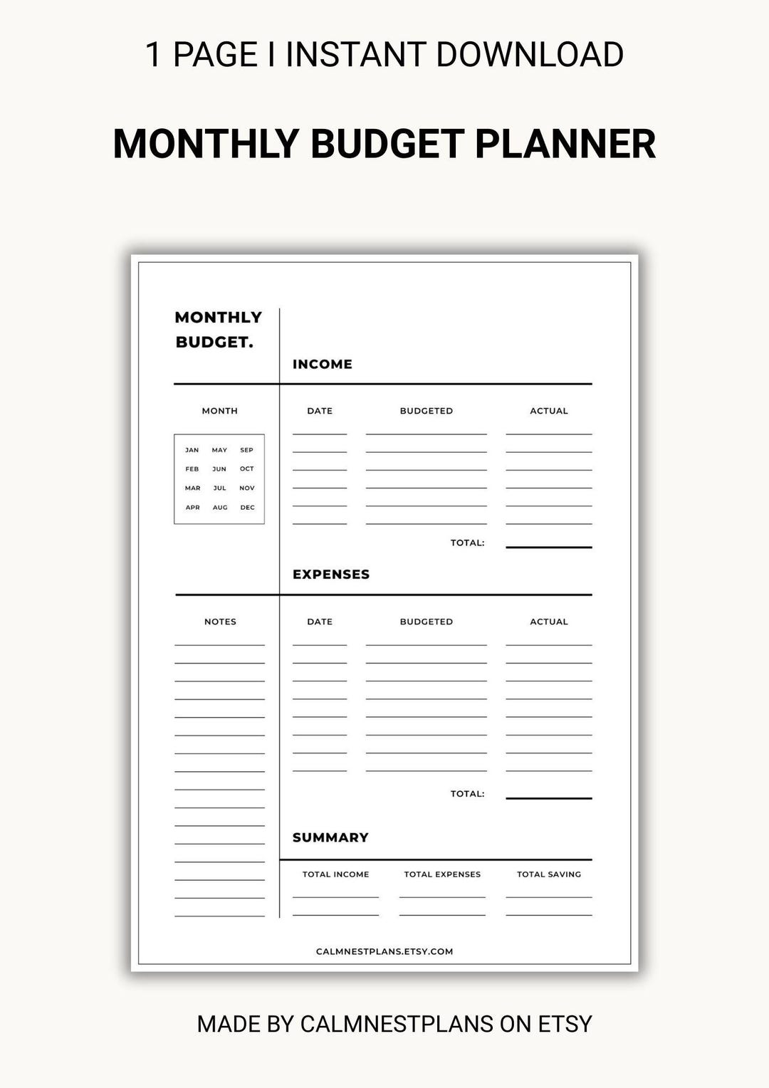 Minimal Monthly Budget Planner | Simple Expense Tracker (PDF Download ...
