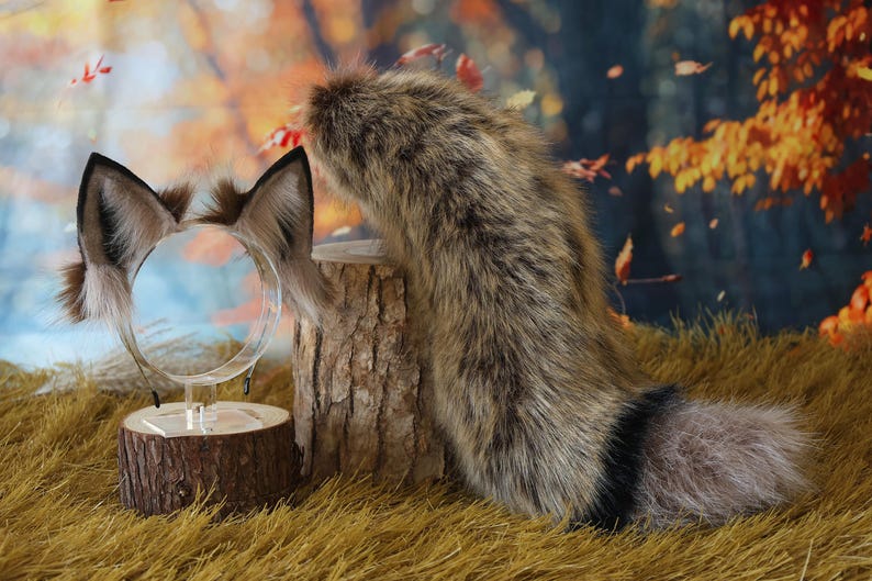 Simulated Brown Wolf Ears and Tail, Fox Ears and Tail, Cosplay Tiger ...
