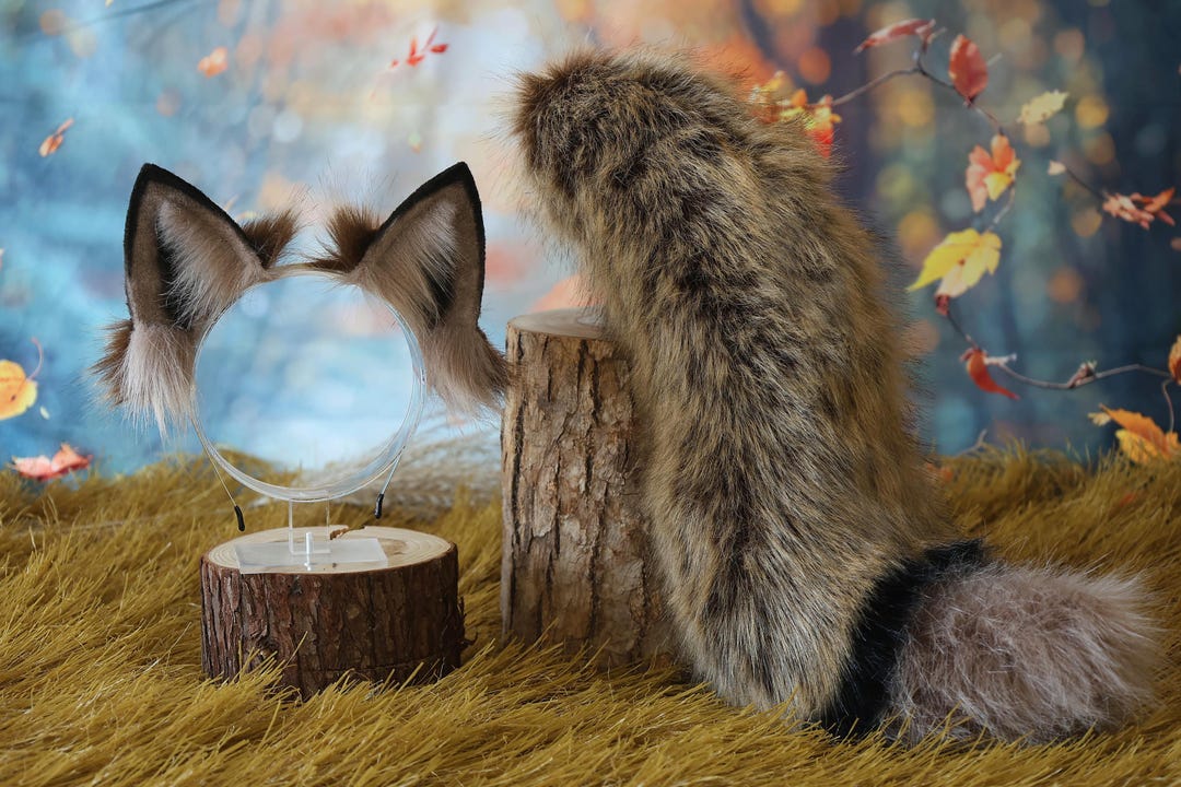 Simulated Brown Wolf Ears and Tail, Fox Ears and Tail, Cosplay Tiger ...