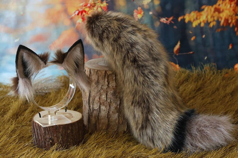 Simulated Brown Wolf Ears and Tail, Fox Ears and Tail, Cosplay Tiger ...