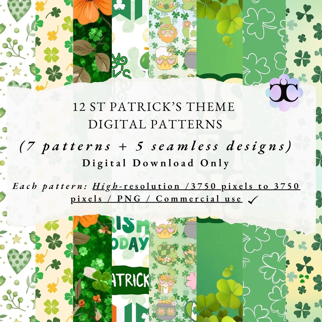 St Patrick’s Day Digital Paper Bundle, 12 PNG Patterns, Seamless + Non ...