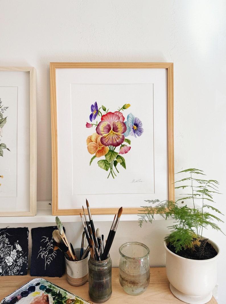 Colorful Pansy Flowers Watercolor Art Print Wildflower Bouquet Painting ...