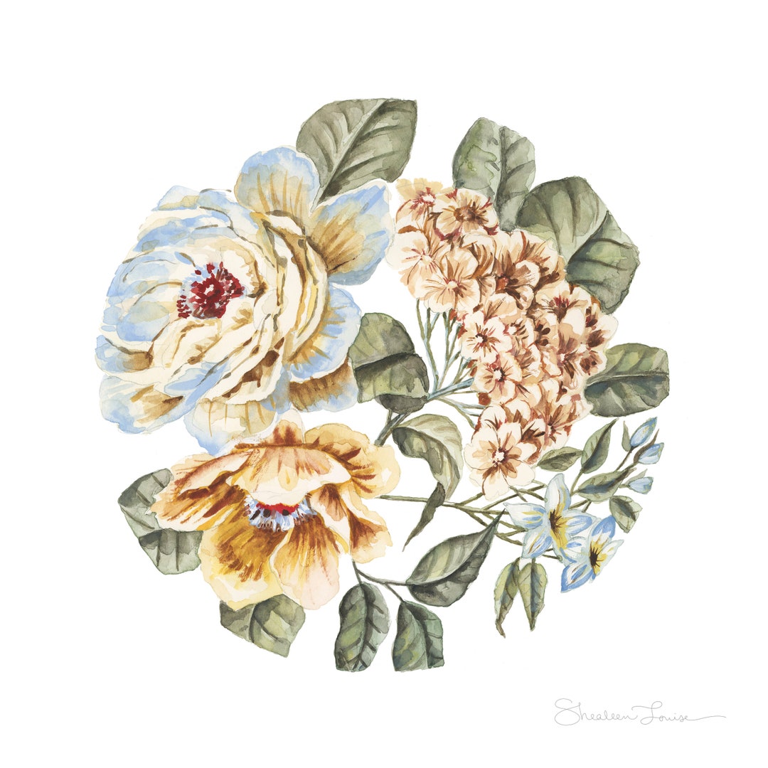 Circular Rose and Hydragea Floral Print Watercolor Artwork | Botanical ...