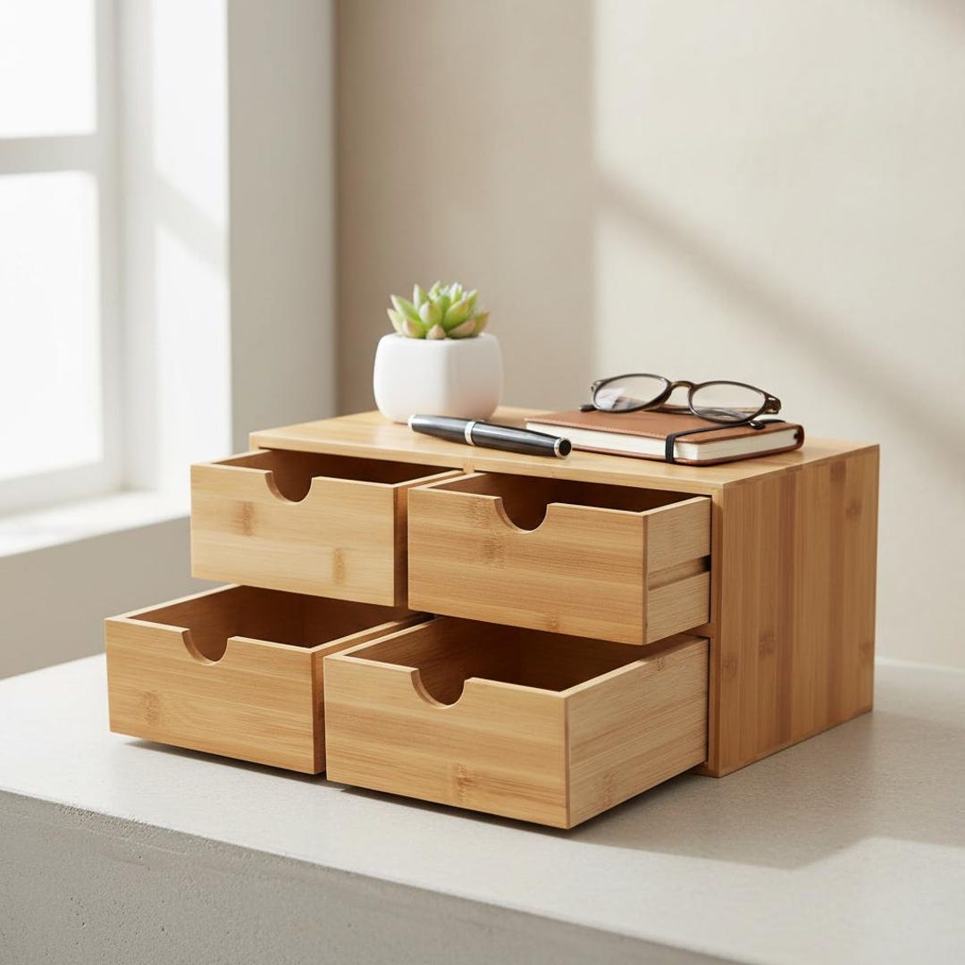 Bamboo 4-drawer Desktop Organizer, Minimalist Wood Storage Box for ...