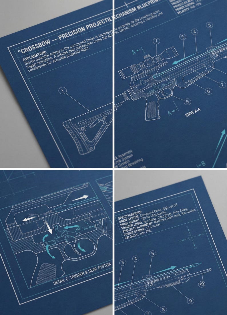 Modern Crossbow Blueprint Art | Mechanical Engineering Print (A2 A3 A4 ...