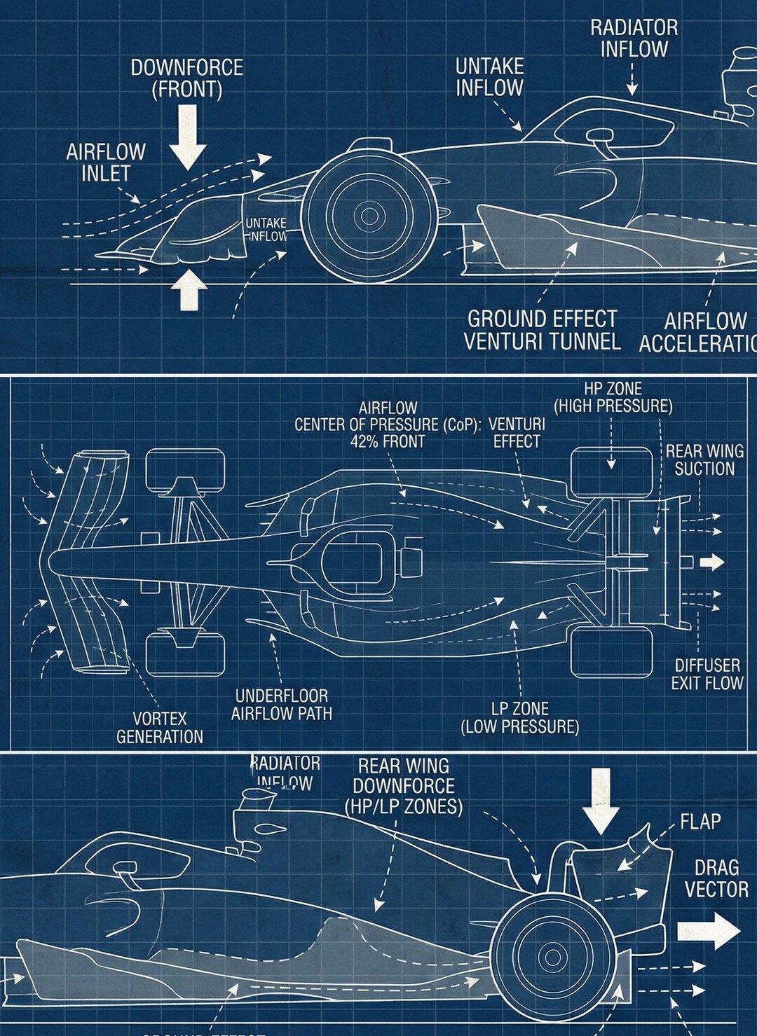 Formula 1 Aerodynamics Blueprint Poster | F1 Downforce Airflow Diagram ...