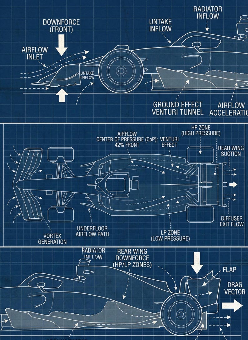 Formula 1 Aerodynamics Blueprint Poster | F1 Downforce Airflow Diagram ...