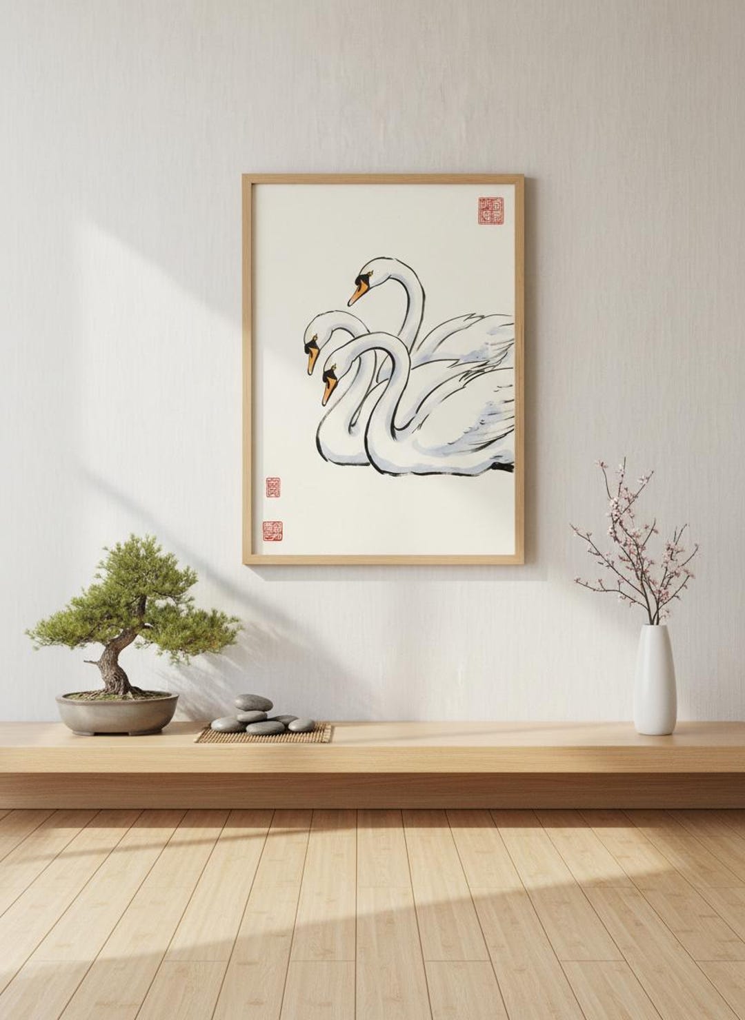 Japanese Sumi-e Three Swans Canvas Art, Ink Wash Swan Illustration for ...