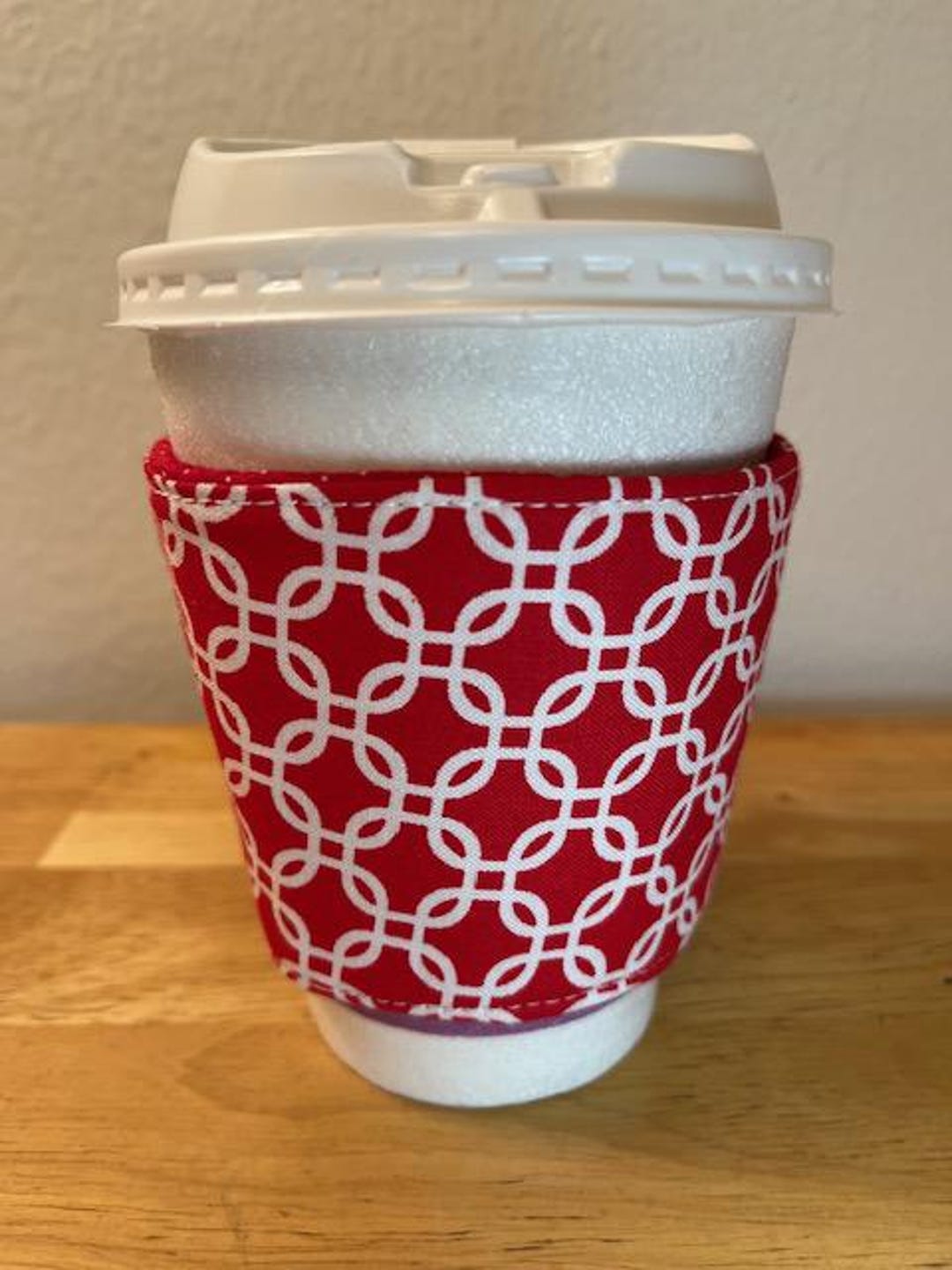 Handmade Fabric Coffee Cozy | Reusable To-go Cup Sleeve | Red Geometric ...