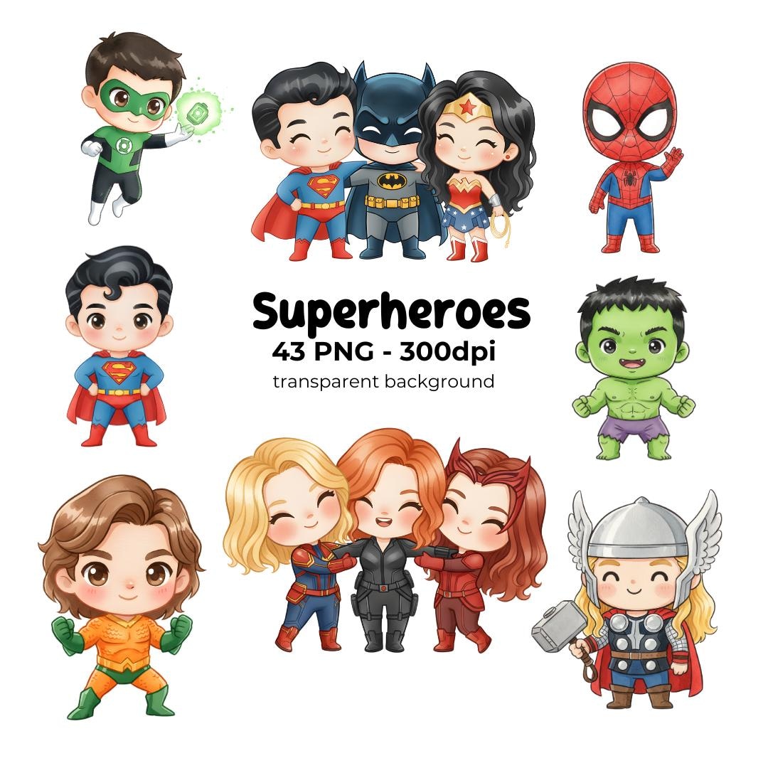 Superheroes Watercolor Digital Kit, PNG Pack of Superhero Legends, Cute ...