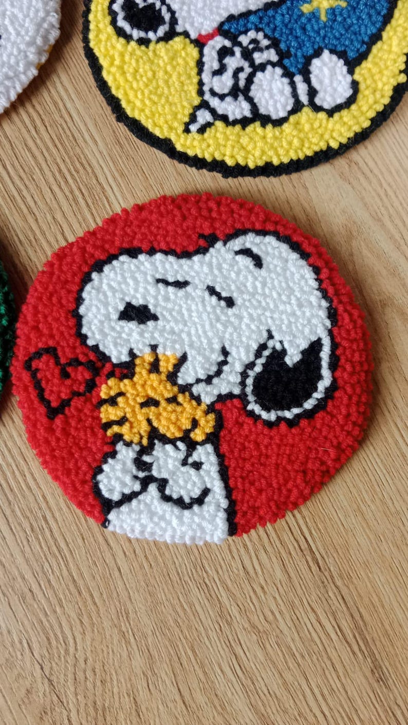 Snoopy & Woodstock Punch Needle Coasters – Handmade Cartoon Fiber Art ...