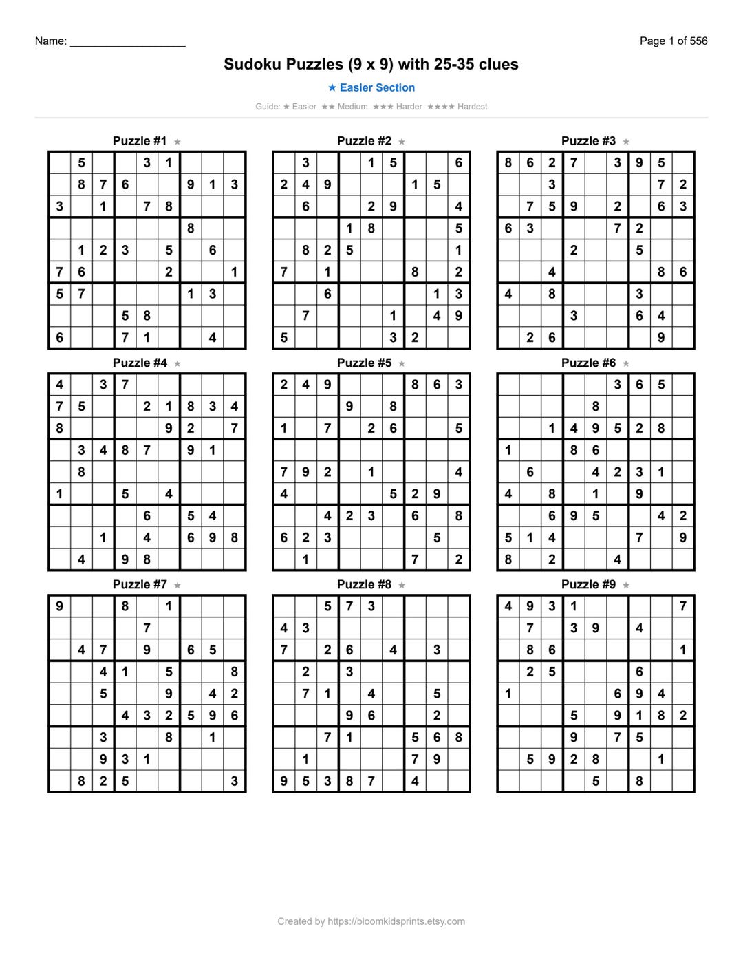 Printable PDF Easy Sudoku for Kids 9x9 - 5000 Children Puzzles With ...