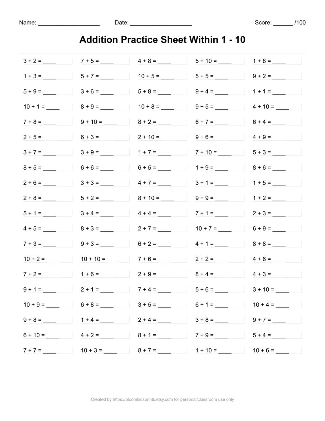 Addition Worksheets, Math Drills, Fill in Blanks (digital Download) - Etsy