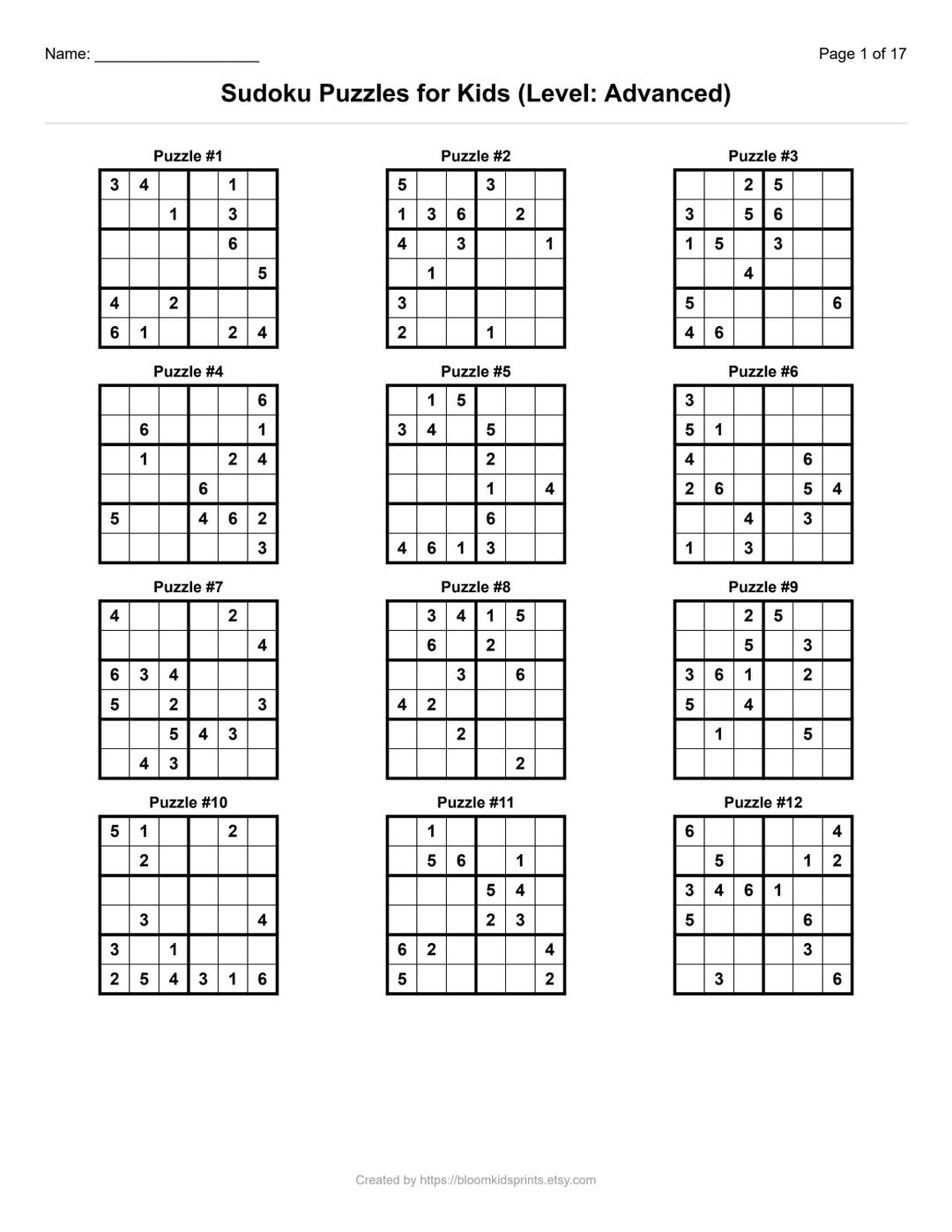 Printable PDF Easy Sudoku for Kids - 1100 Children's Puzzles With ...
