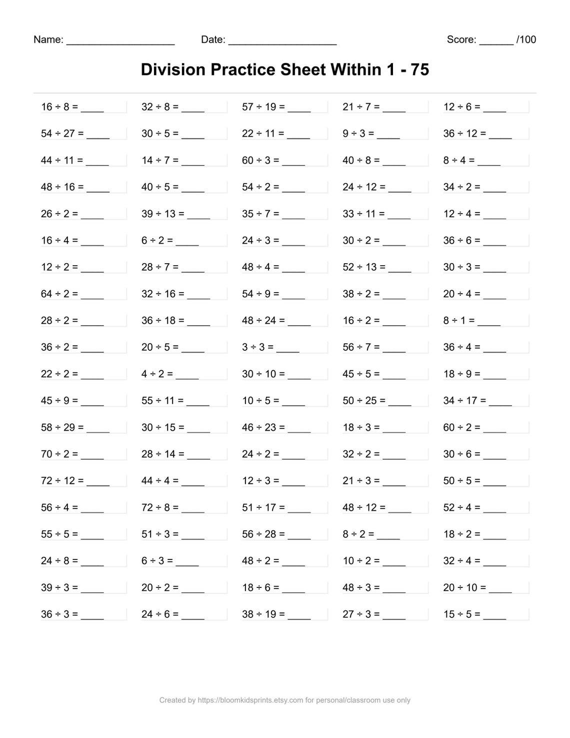 Printable Division Worksheets, Math Drills, Single Double Digit, Grade ...