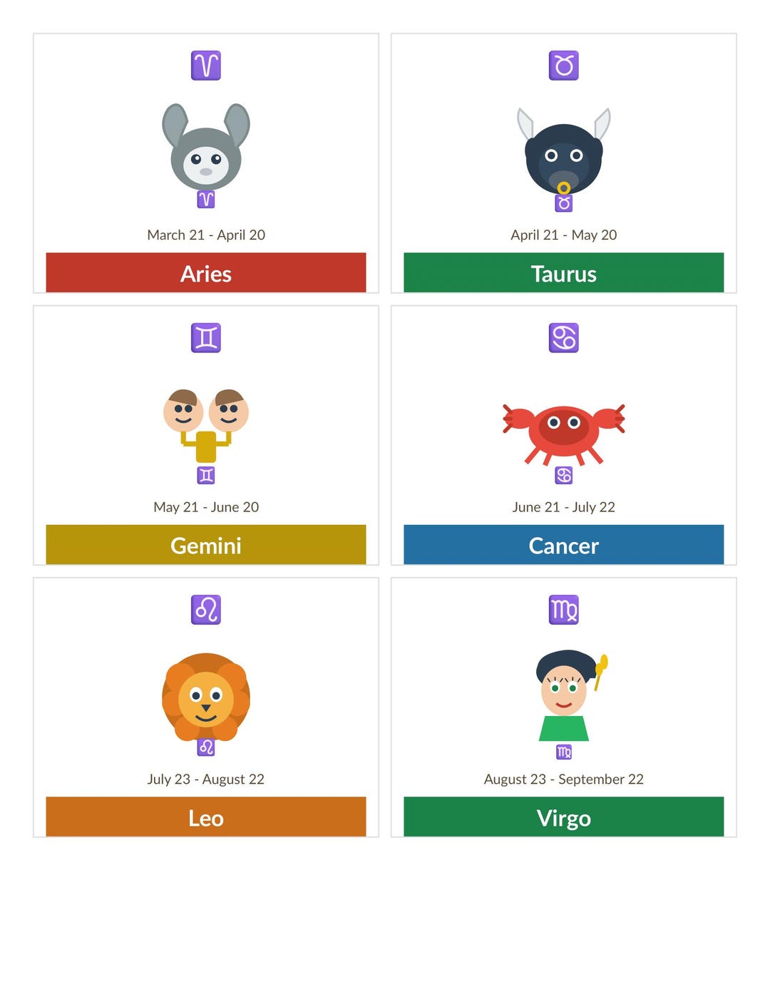 Zodiac Flashcards for Toddlers, Education Material, Instant Download ...
