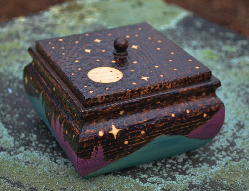 Starry Night & Mountains Wood Burn Box Trinket Stash - Etsy