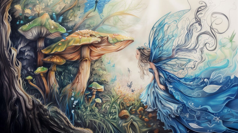 Whimsical Blue Fairy Poster Unframed Fantasy Print Enchanted Woodland ...