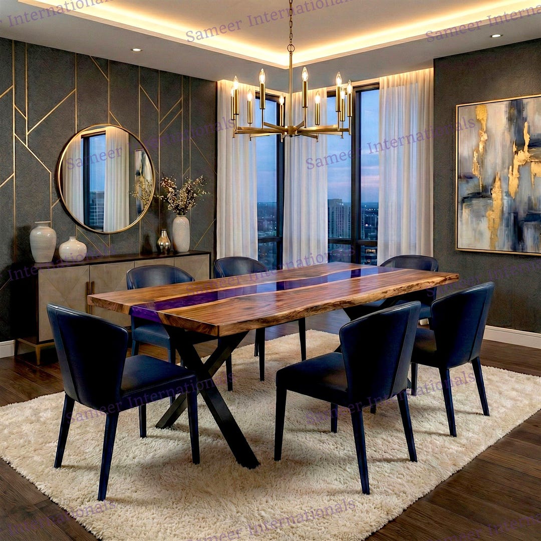 Made to Order Navy Blue Epoxy & Acacia Wood Dining Table – Modern Resin ...