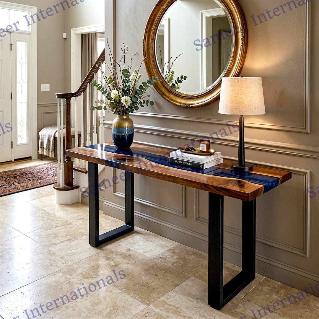 Custom Navy Blue Epoxy Resin Console Table, Handmade Entryway Hall ...
