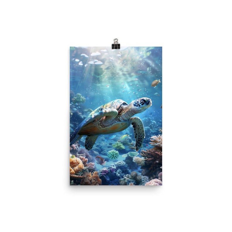 Sea Turtle Coral Reef Poster, Underwater Ocean Wall Art, Marine Life ...