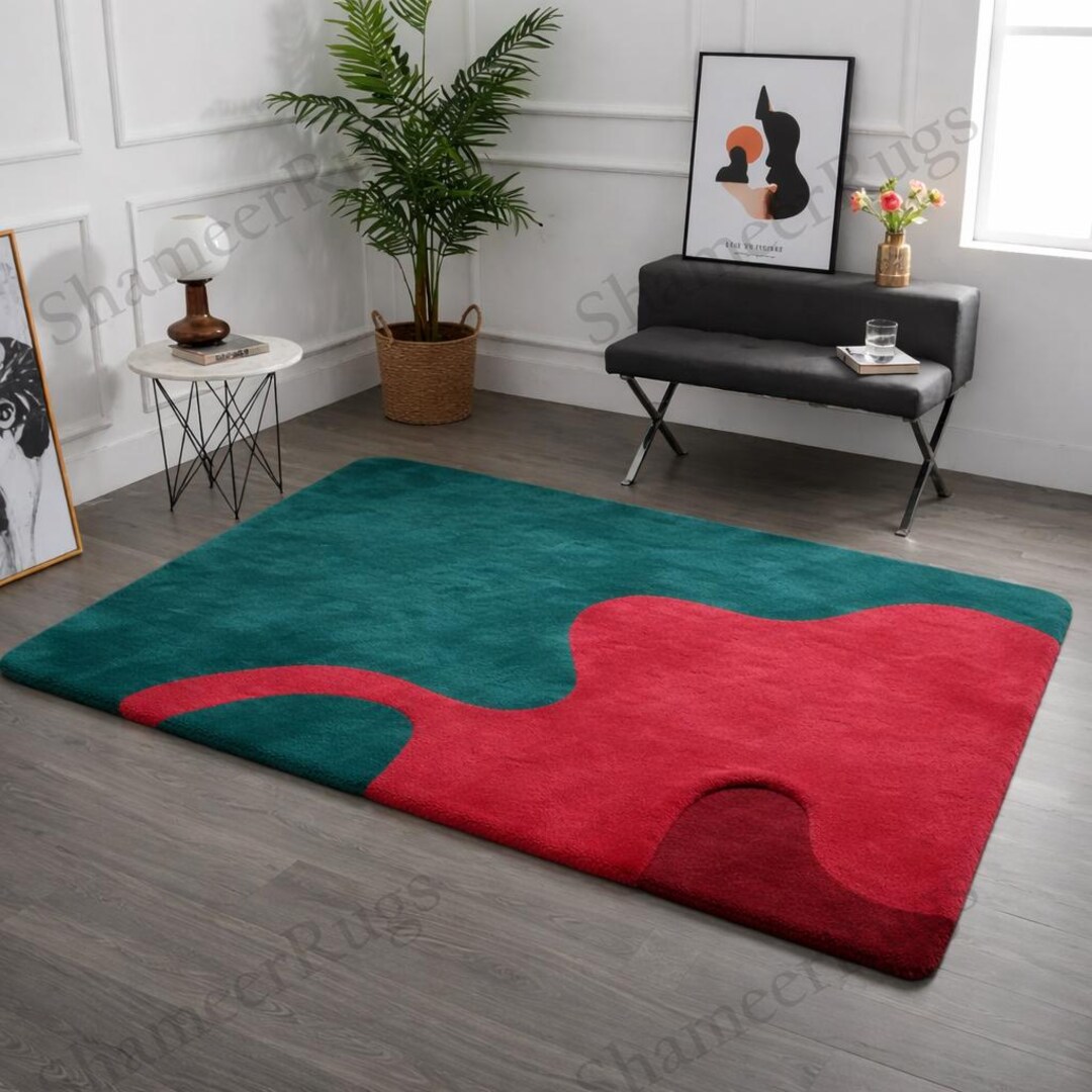 Hand Tufted Wool Rug: Modern Abstract Red and Teal Color Block - Etsy