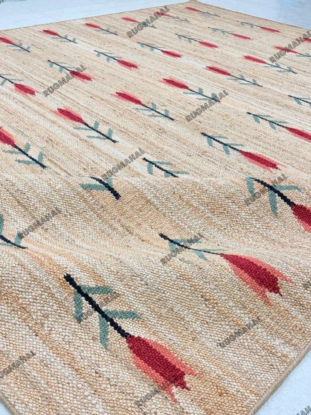 Tulips Handwoven Jute & Wool Rug, Red Floral Motifs, Scandinavian Decor ...