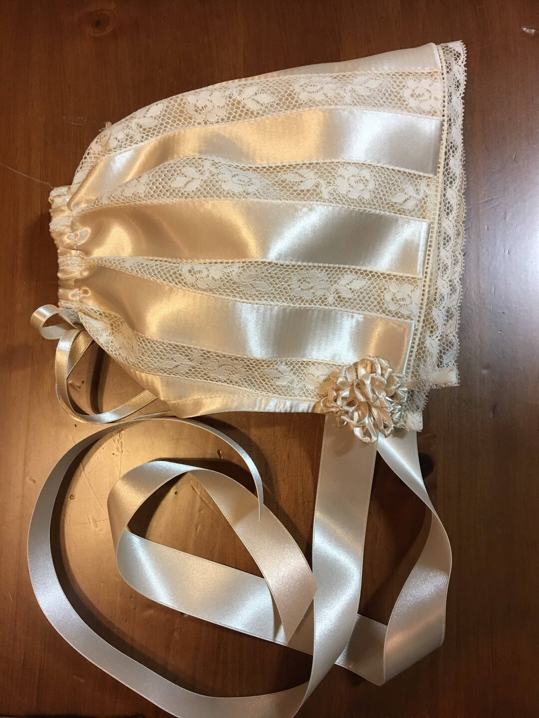 6 Mo. Ecru Ribbon and Lace Baby Bonnet. - Etsy