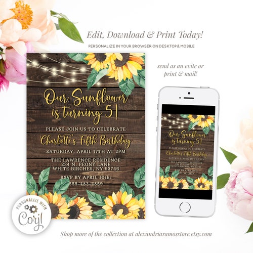 Editable Sunflower Daisy Adult Birthday Invitation Template - Etsy