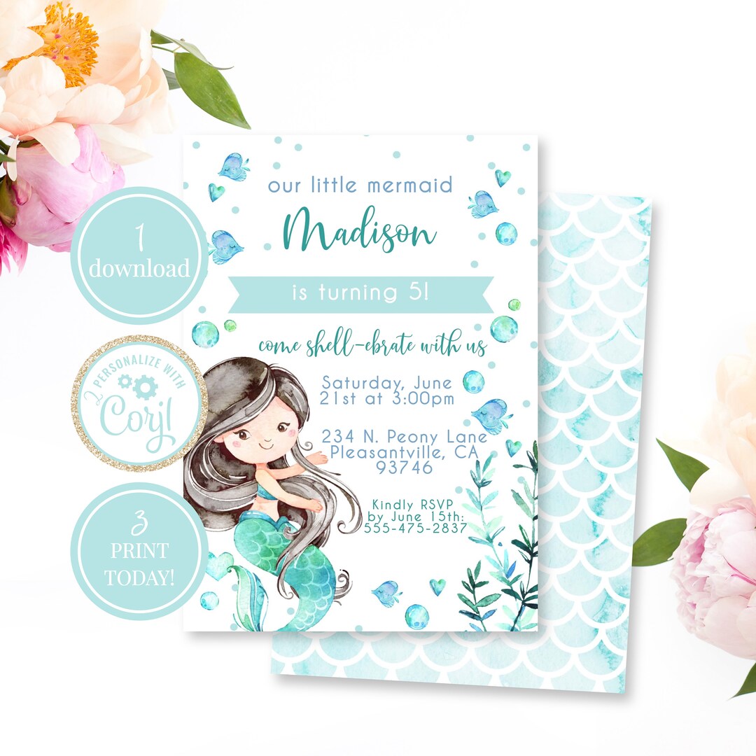 Mermaid Birthday Invitation Printable Template Blue - Etsy