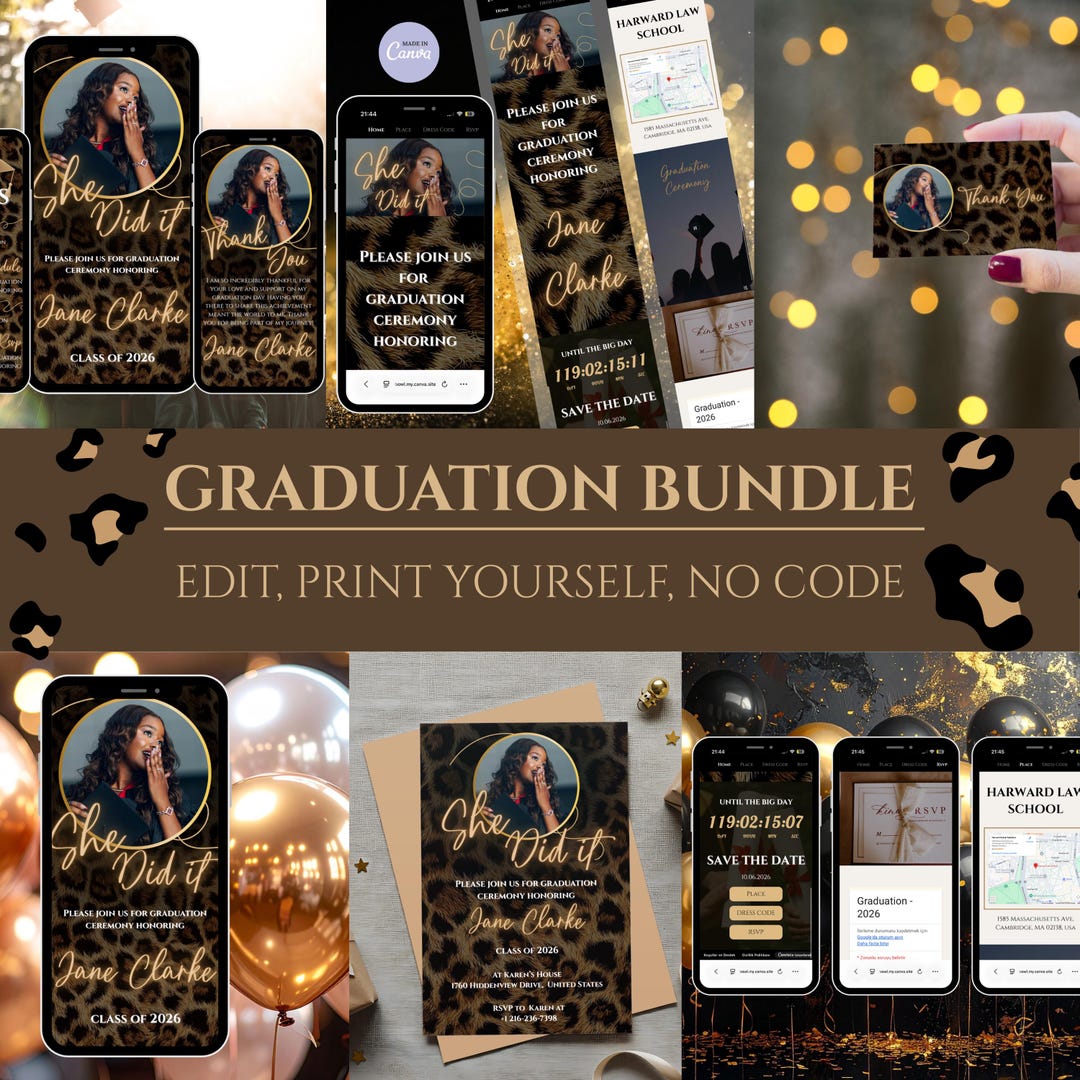 Graduation Bundle Class of 2026, Leopard Graduate Girl Invitation ...