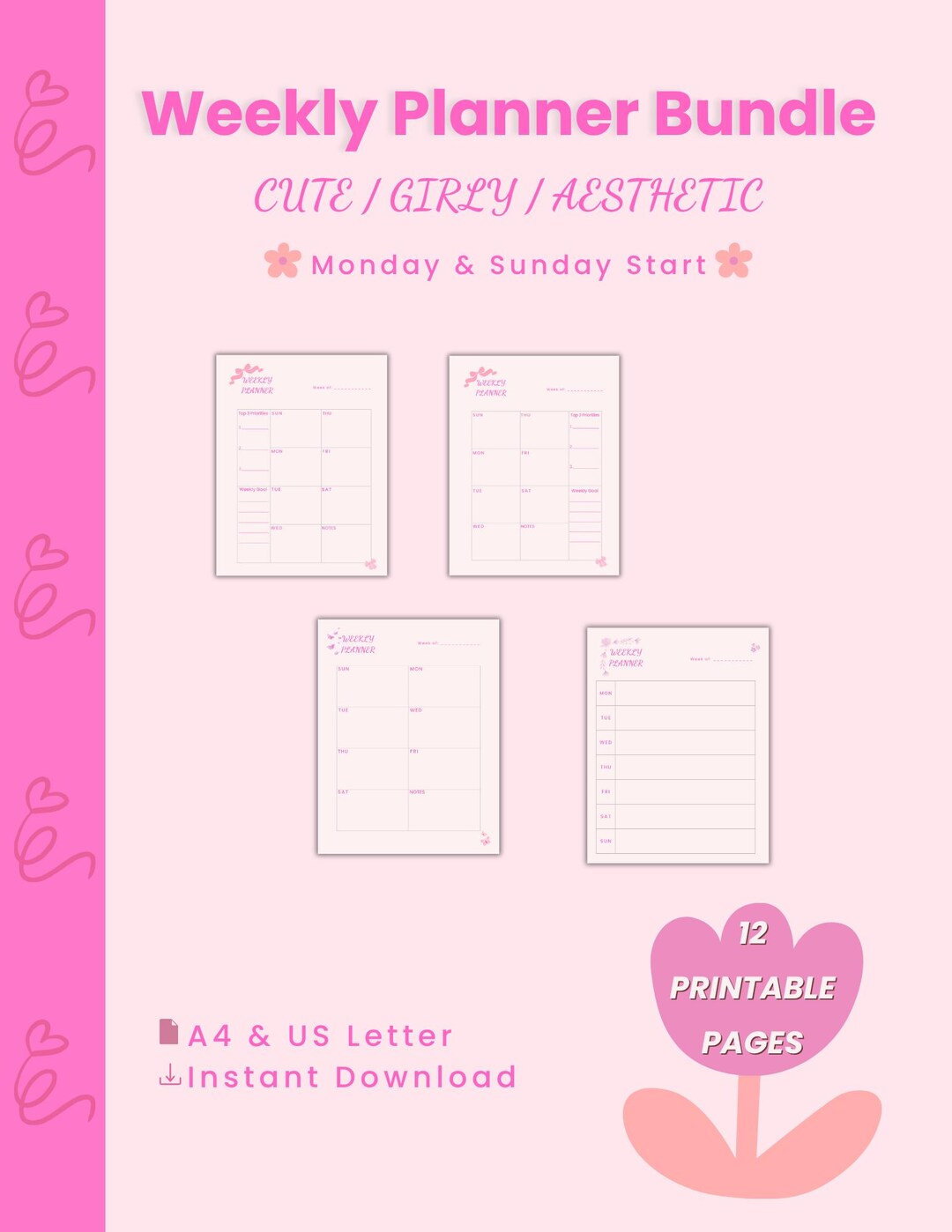 Pink Weekly Planner Bundle | Printable PDF, A4/US Letter (digital ...