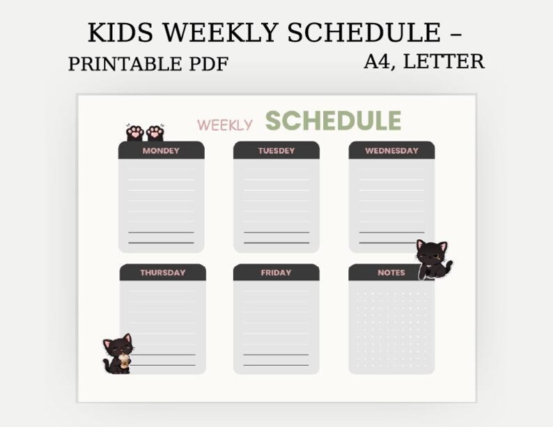 Printable Kitty Weekly Schedule for Kids, Printable PDF, A4, Letter - Etsy