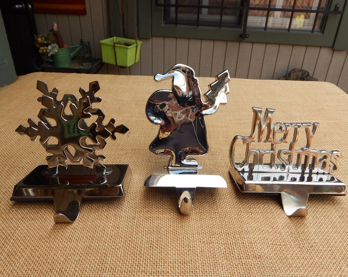 3 Shiny Silver Metal Stocking Holders / Merry Christmas ~ Santa With ...