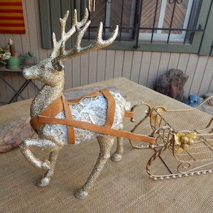 Gold Glitter Reindeer With Metal Sleigh / Large Reindeer Sleigh Holiday ...