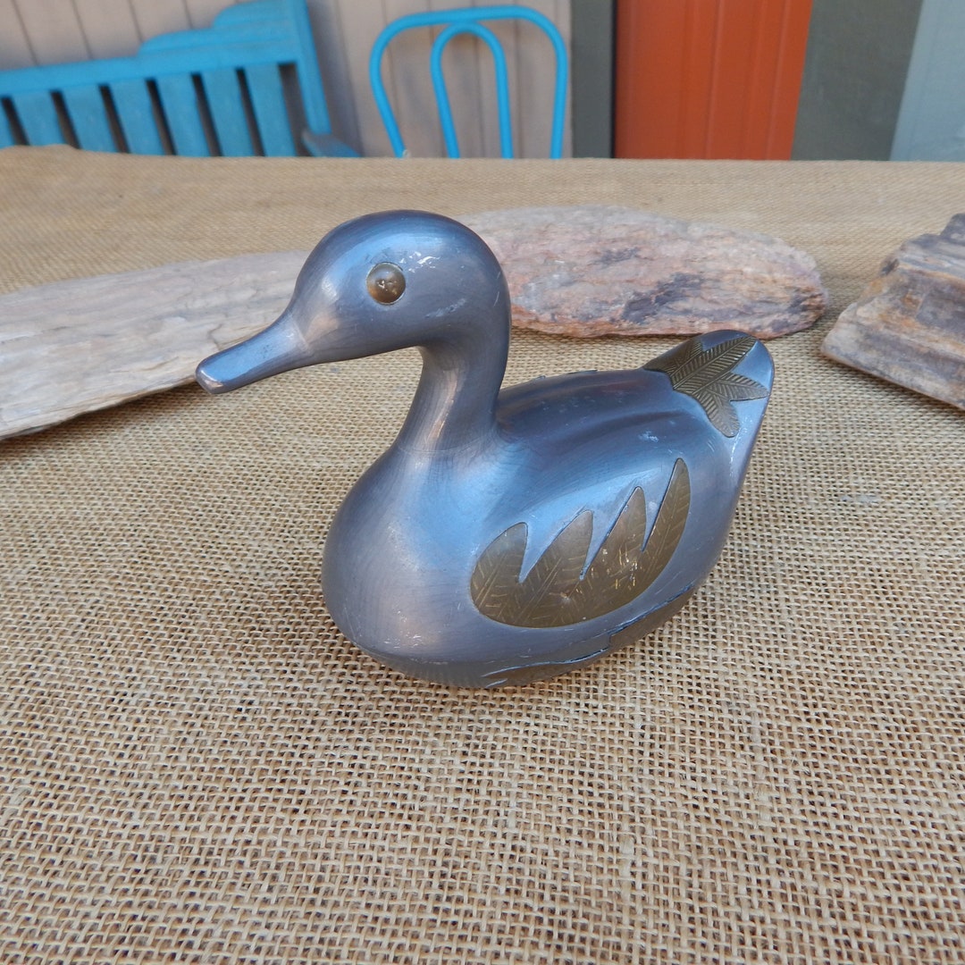 Vintage Pewter Duck Trinket Box With Brass Overlay ~ Heavy Pewter and ...