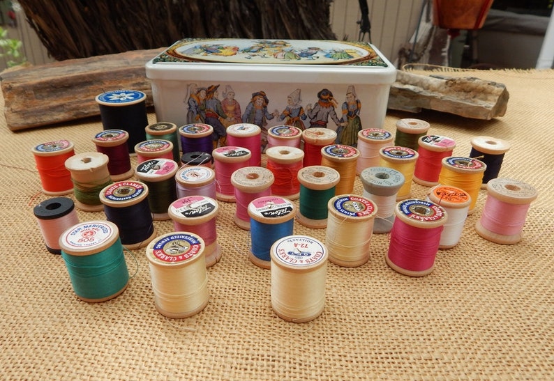 35 Vintage Wooden Spools of Thread & Vintage Tin / Vintage Spools and ...