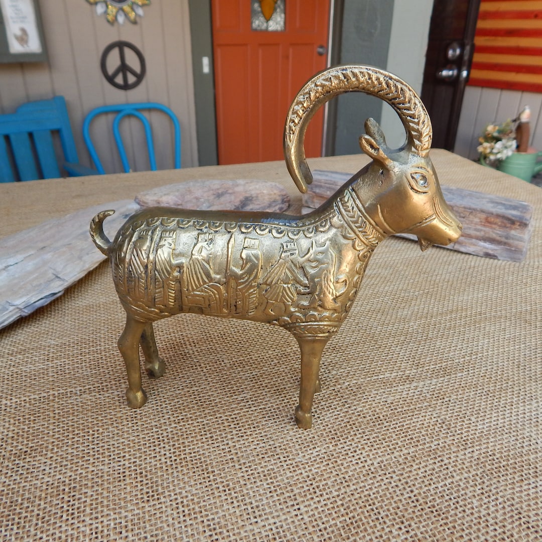 Mid Century Persian Ram or Ibex ~ Hieroglyphic Style Embossing on Brass ...