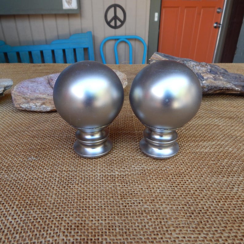 2 Satin Silver Metal Ball Finials on Decorative Pedestal ~ Metal Orb ...