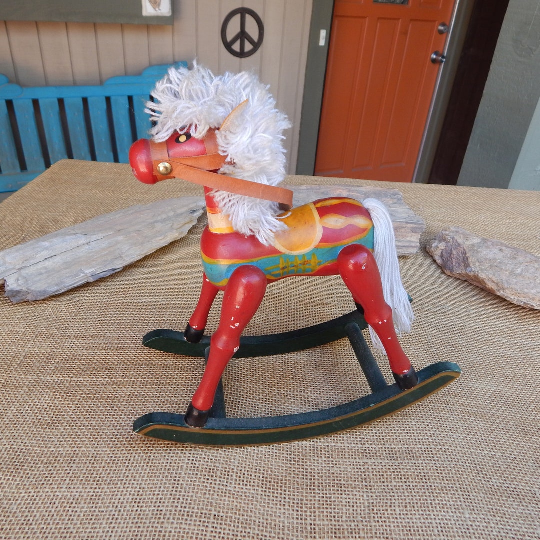 Vintage 8 1/2" Wood Hand Painted Rocking Horse ~ 8 1/2" X 8 1/2" X 3 3/ ...